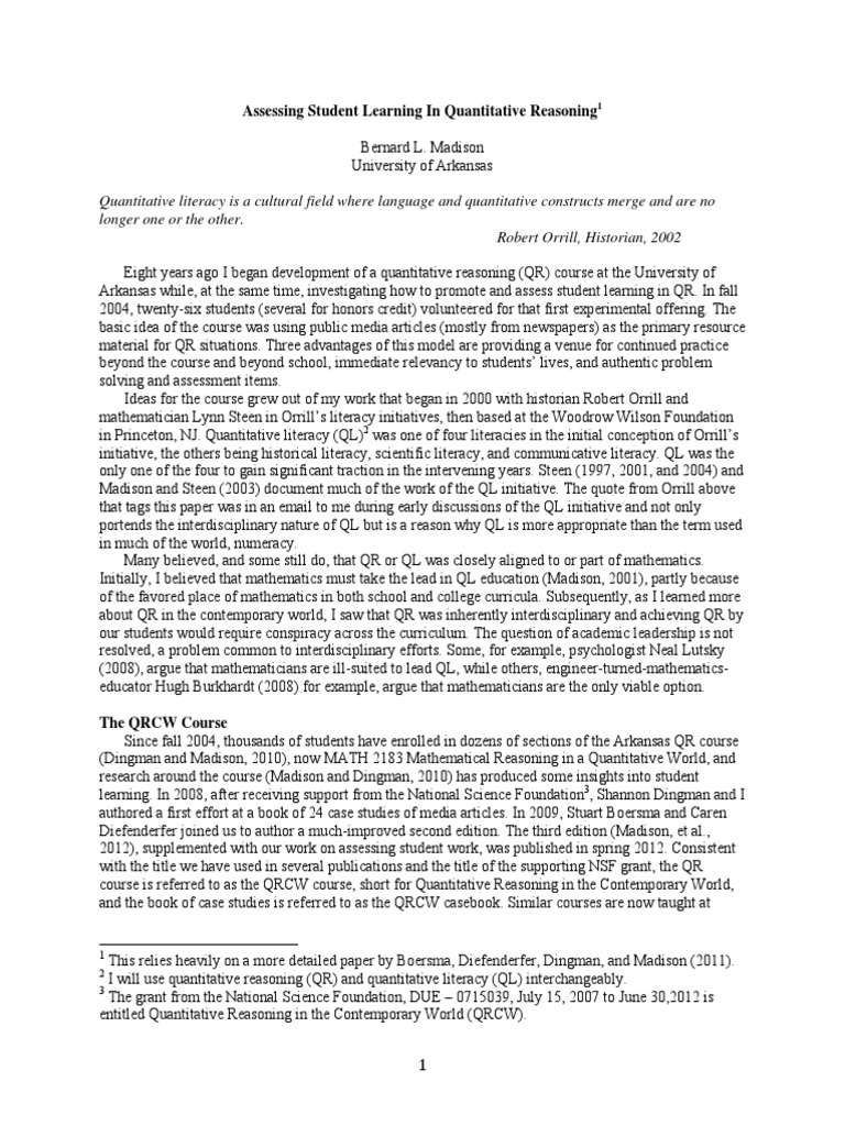 Assessing Student Learning in Quantitative Reasoning | PDF ...