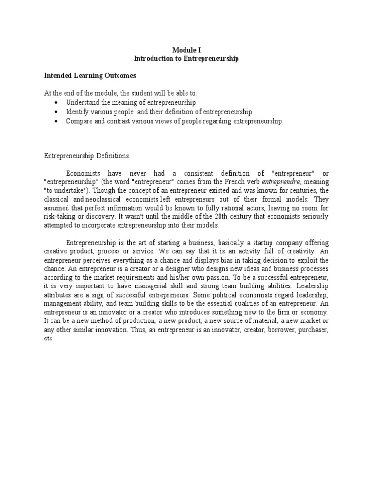 Introduction to Entrepreneurship Module | PDF | Entrepreneurship ...