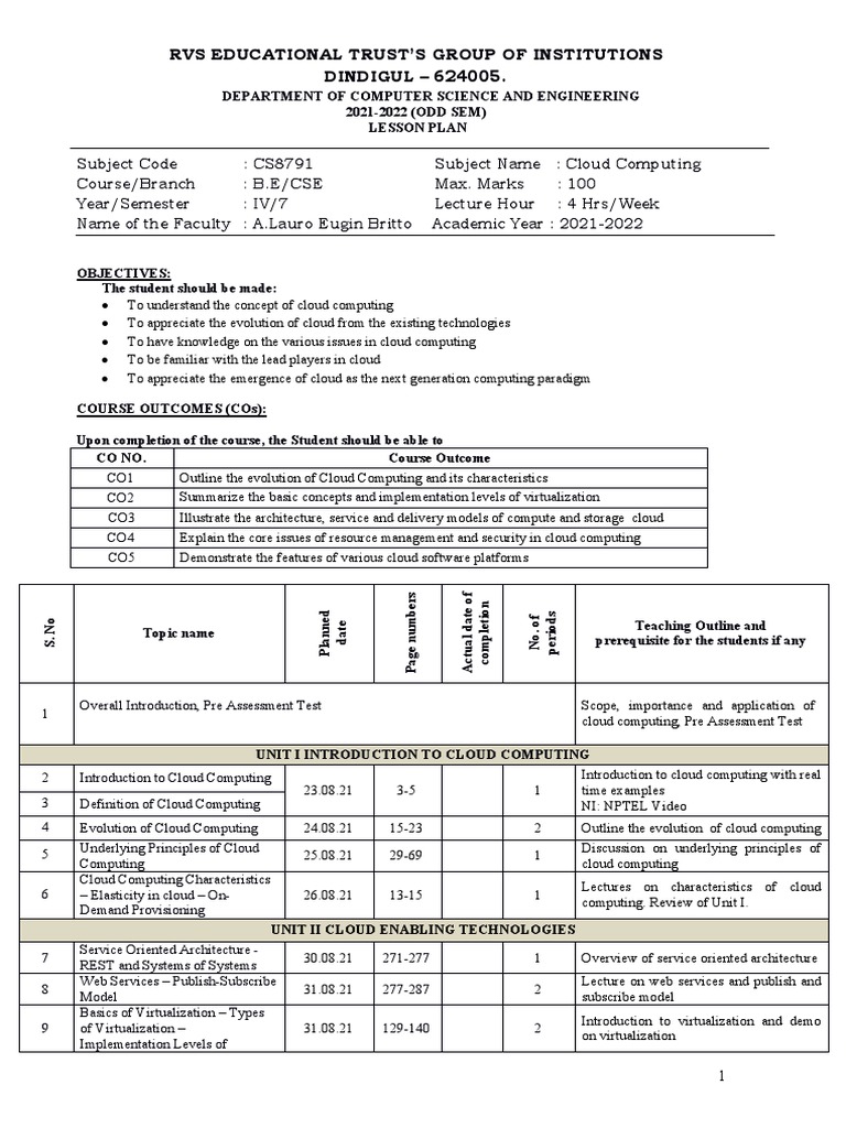 CS8791 Cloud Computing Lesson Plans | Download Free PDF | Cloud Computing | Computing