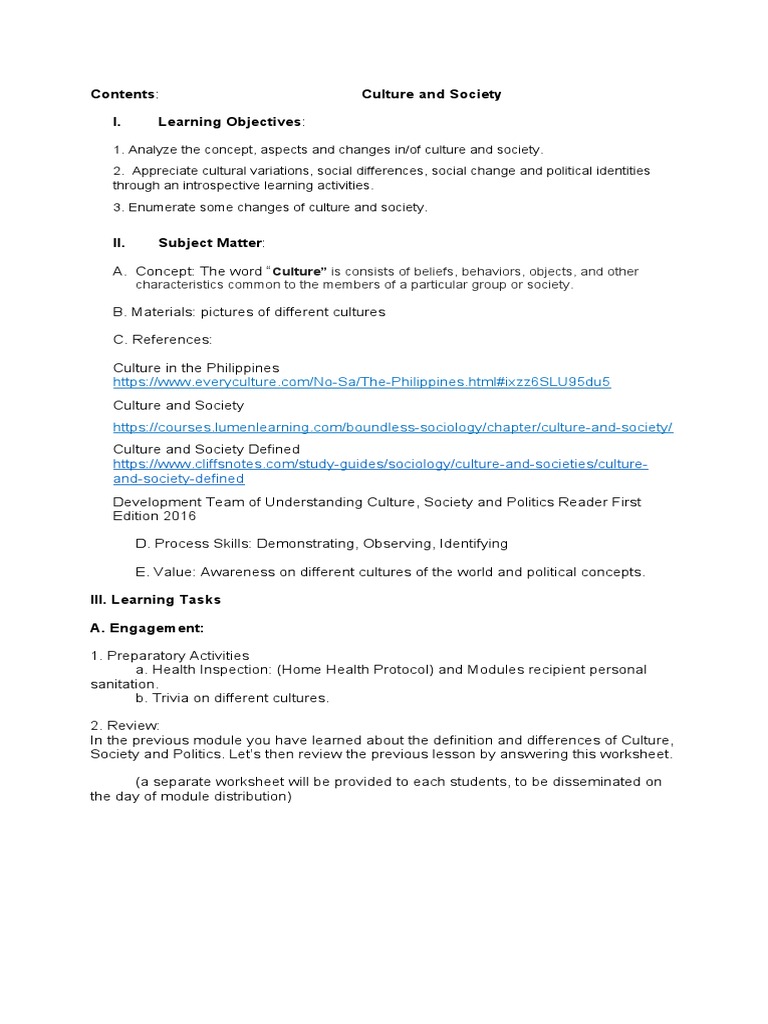 Contents: Culture and Society I. Learning Objectives | PDF | Learning ...