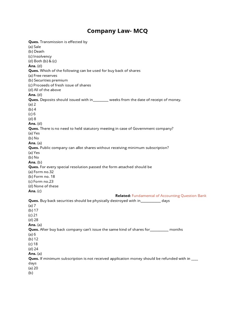 Company Law-MCQ | PDF | Corporations | Companies
