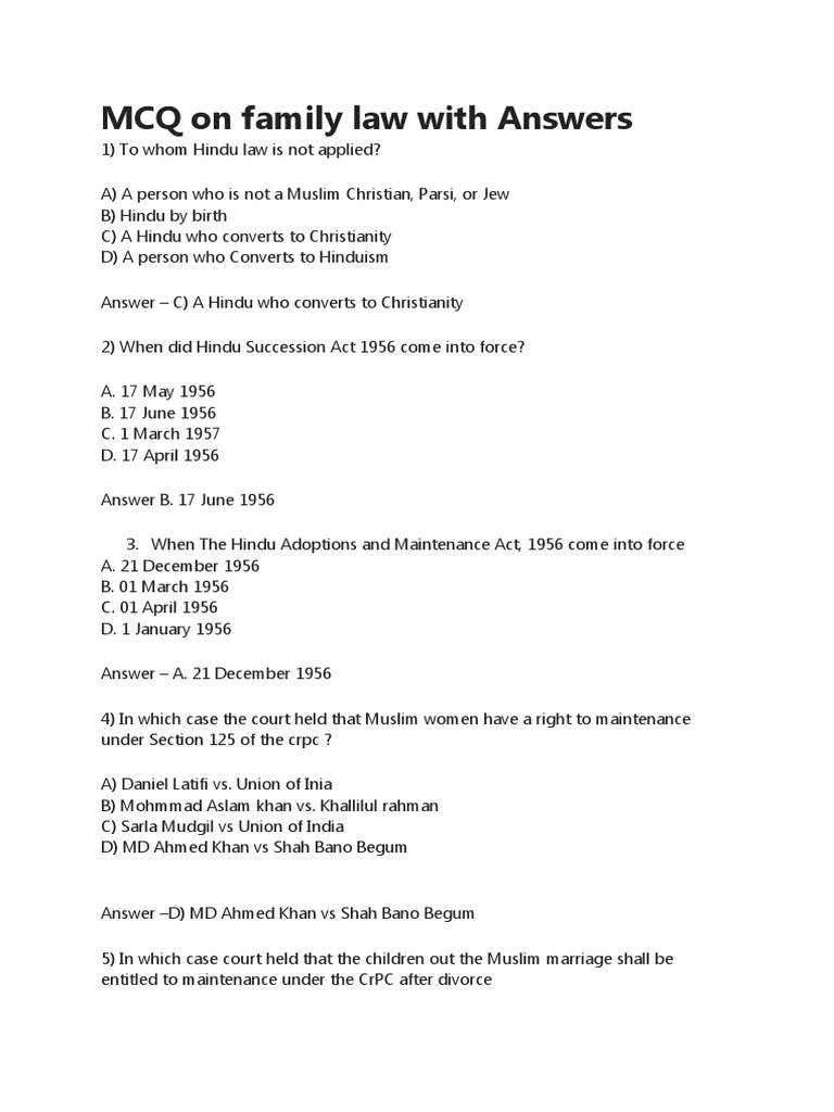 MCQ On Family Law With Answers | PDF