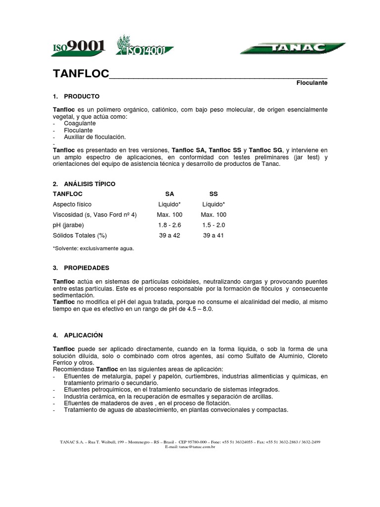 Tanfloc: Floculante Orgánico para Tratamiento de Efluentes | PDF ...