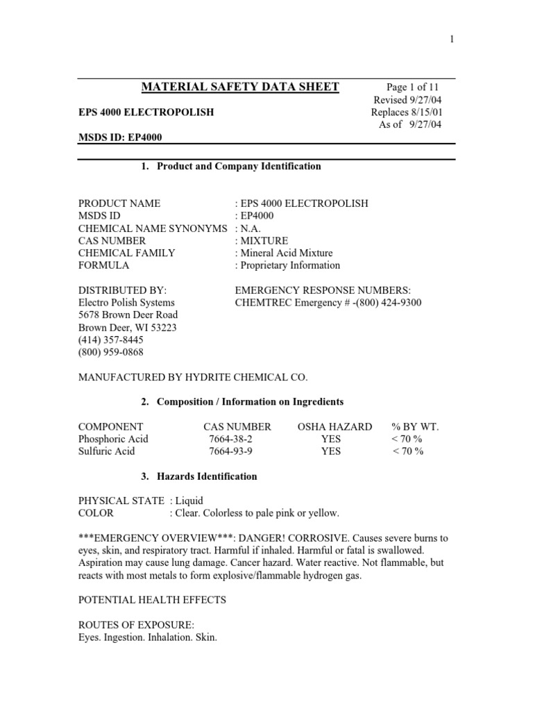 Material Safety Data Sheet: Eps 4000 Electropolish MSDS ID: EP4000 ...