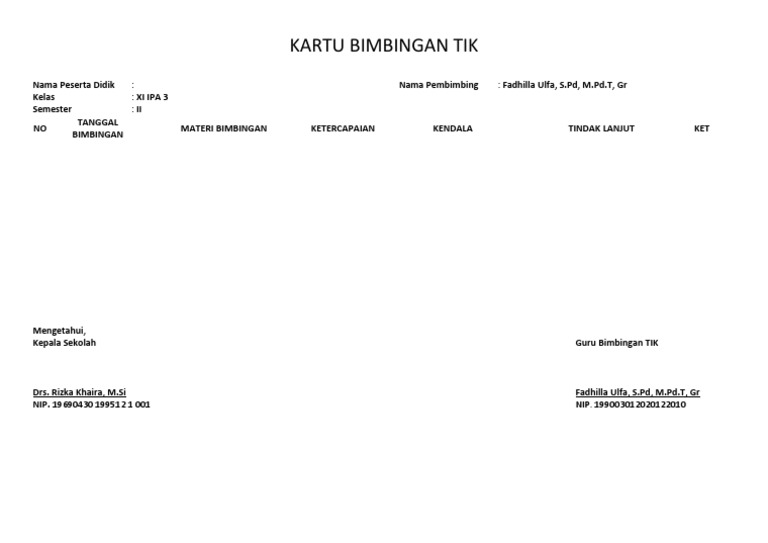 Form 008 Contoh Kartu Bimbingan TIK | PDF