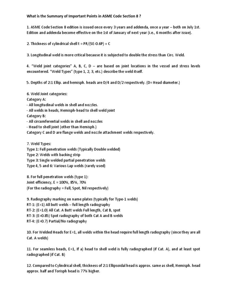 Summary of Important Points in ASME Code Section 8 | PDF | Welding | Construction