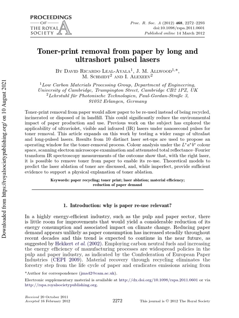 Toner-Print Removal From Paper by Long And... | PDF | Laser ...