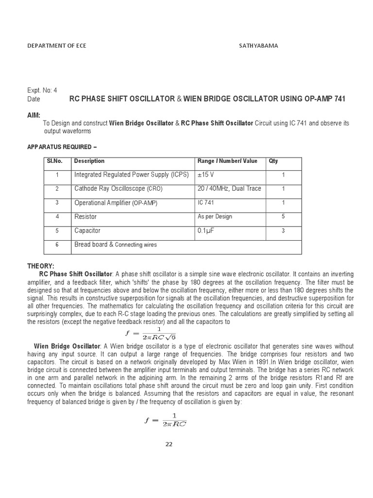 RC Phase Shift Oscillator | PDF | Electronic Oscillator | Operational ...