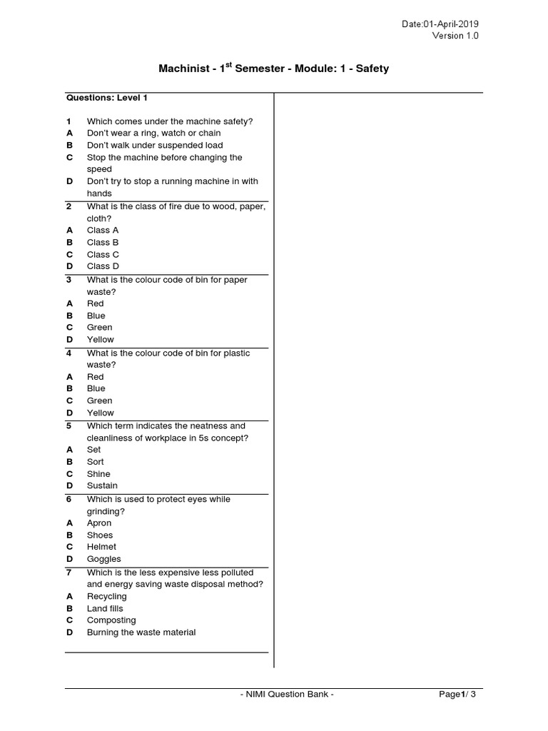 Machinist - 1 Semester - Module: 1 - Safety: Questions: Level 1 1 A B C ...