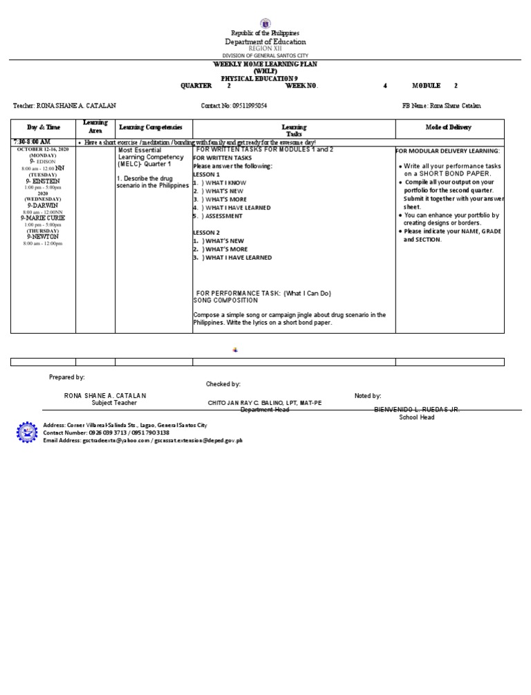 Department of Education: For Written Tasks Lesson 1 For Modular ...