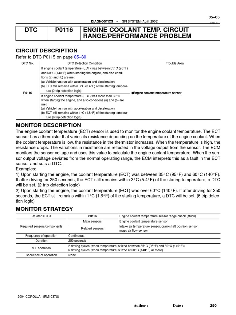 DTC P0116 Engine Coolant Temp. Circuit Range/Performance Problem | PDF ...