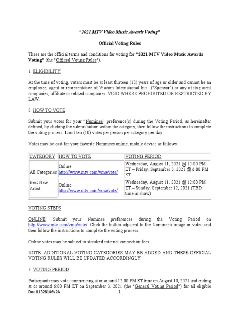 Official Voting Rules: "2021 MTV Video Music Awards Voting" | PDF ...