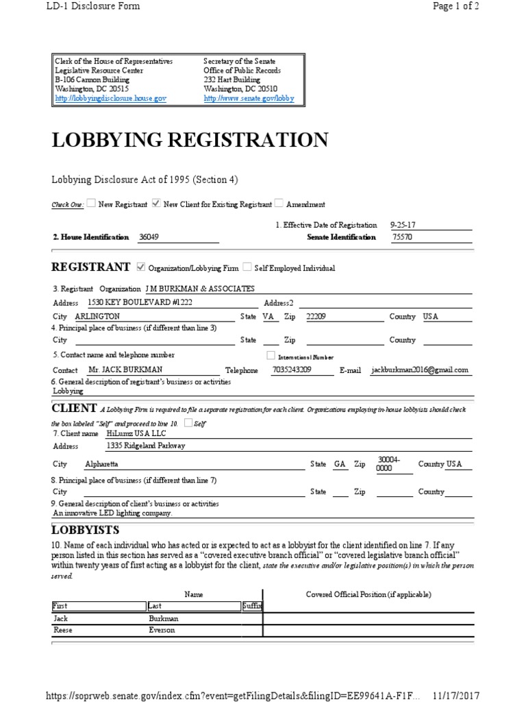 Nov. 2017 - Jack Burkman / Reese Everson Lobby Registration Form | PDF ...
