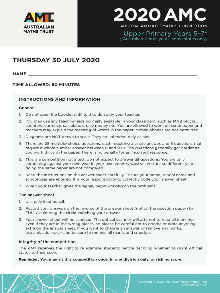2020 Australian Mathematics Competition AMC Upper Primary Years 5 - 6 ...