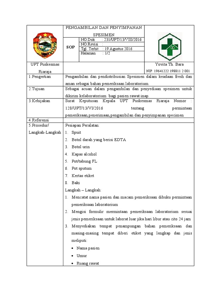 Ep.1 Sop Pengambilan Dan Penyimpanan Spesimen | PDF