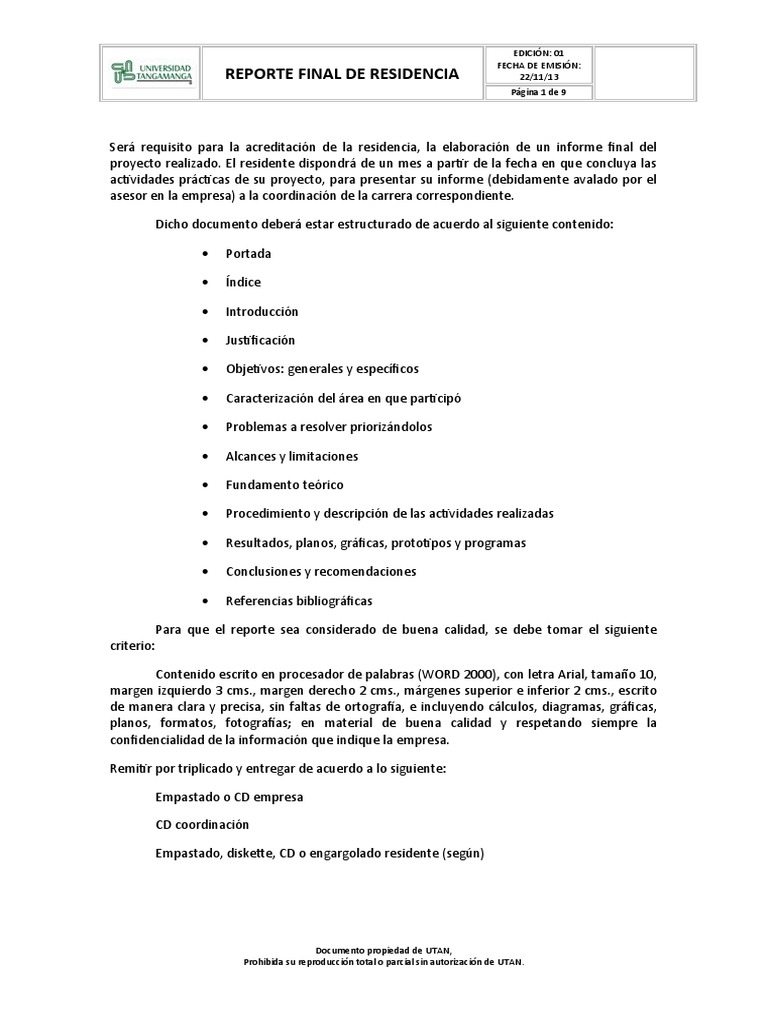Formato Reporte Final de Residencia | PDF | Bibliografía | Citación