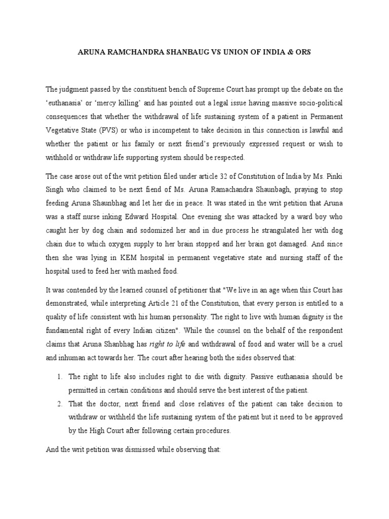 Aruna Shanbaug vs Union of India Case Summary | PDF | Justice | Crime ...