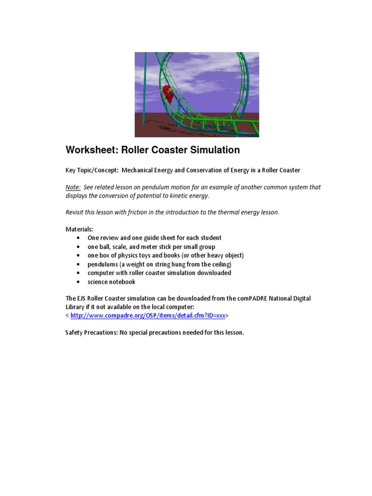 Roller Coaster Energy Simulation Worksheet | PDF | Potential Energy ...
