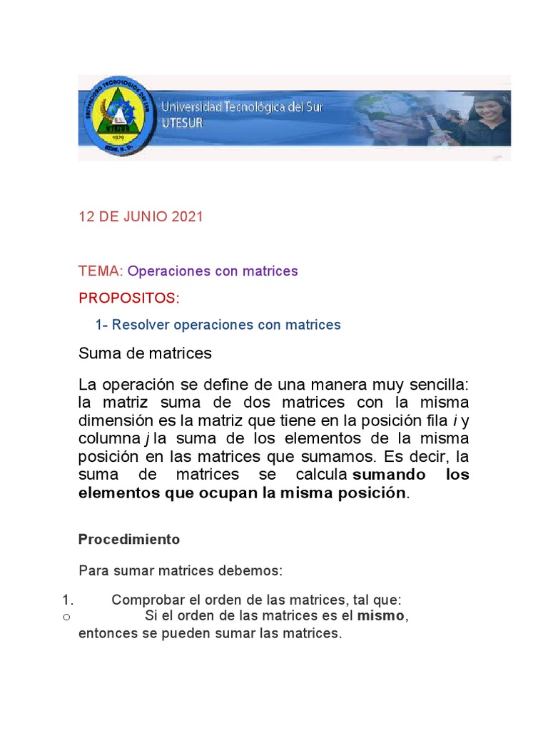 Operaciones Con Matrices | PDF | Matriz (Matemáticas) | Multiplicación