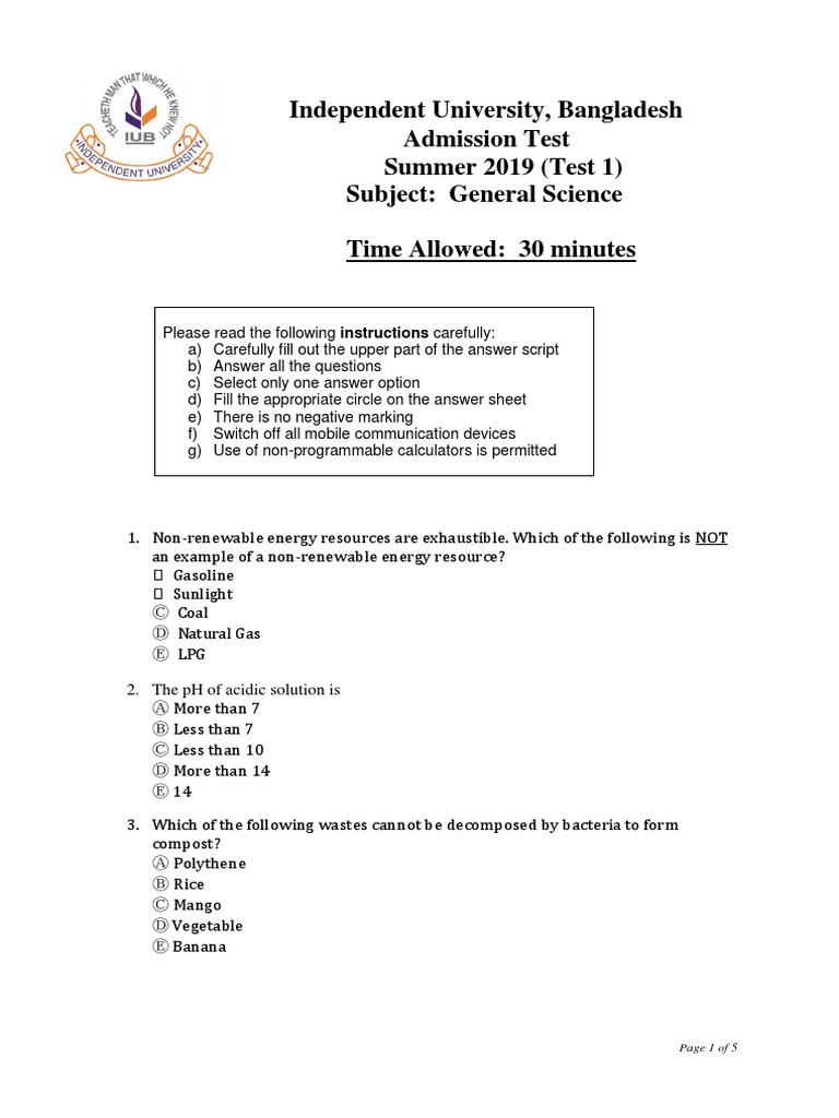 Independent University, Bangladesh Admission Test Summer 2019 (Test 1 ...