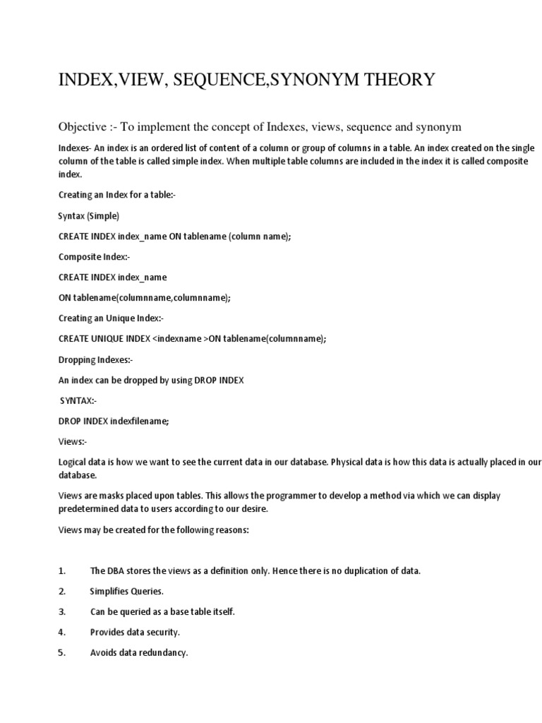 Index, View, Sequence, Synonym Theory | PDF | Database Index | Database Schema