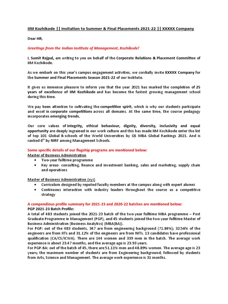 IIM Kozhikode - Invitation To Summer & Final Placements 2021-22 - XXXXX ...