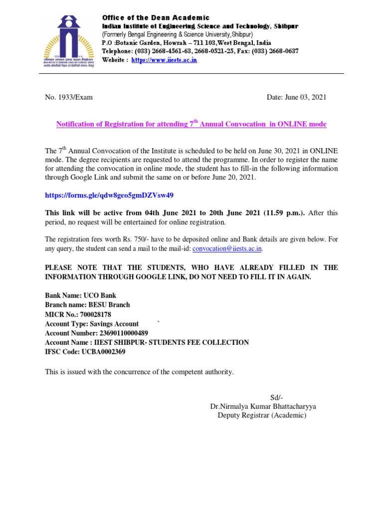 Notification of Registration For Attending 7 Annual Convocation in ...