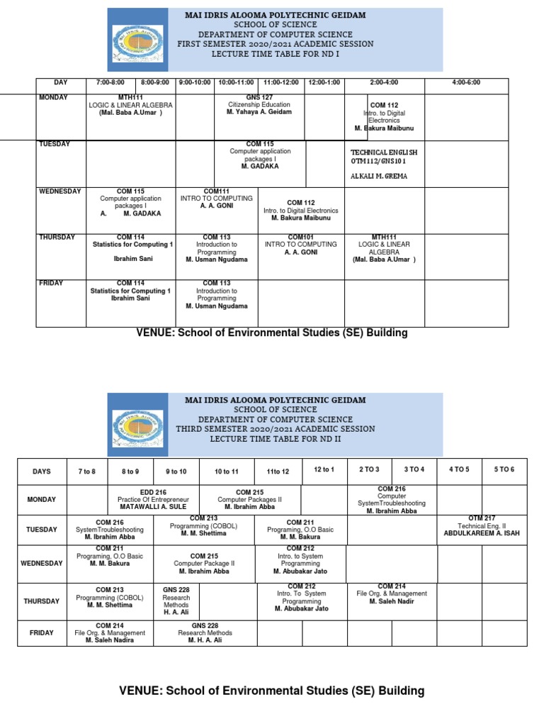 Time Table For Sem 1 and 3 2020 - 21 Comp Sci Dept Provisional | PDF ...