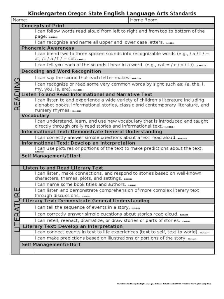 KG Literacy Progress Report Oregon State Standards | PDF | Reading ...