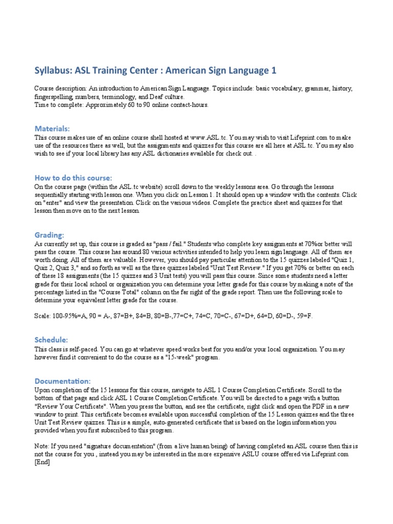 Syllabus: ASL Training Center: American Sign Language 1: Materials ...