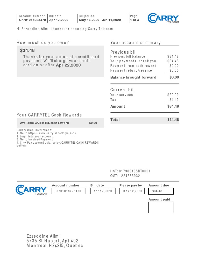 Carry Telecom Invoice 20200417034235020 | PDF | Payments | Annual ...