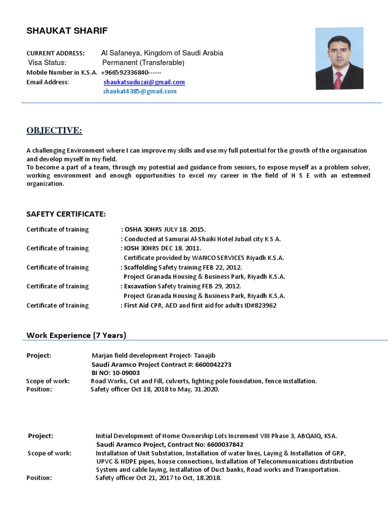Shaukat Sharif CV KSA | PDF | Occupational Safety And Health | Safety