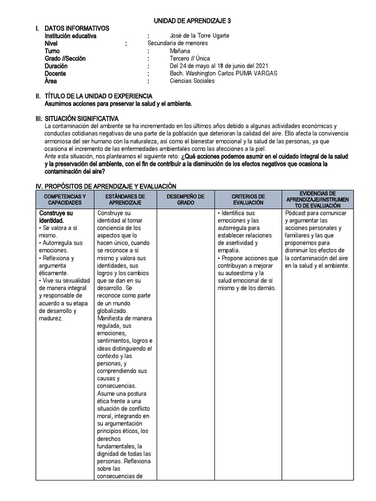 Unidad de Aprendizaje 3 DPCC 3° | PDF | Las emociones | Aprendizaje