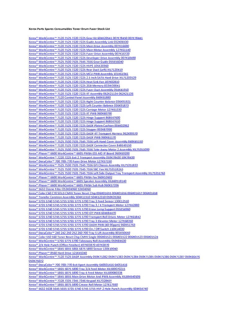 Xerox Parts Spares Consumables Toner Drum Fuser Stock List | PDF ...