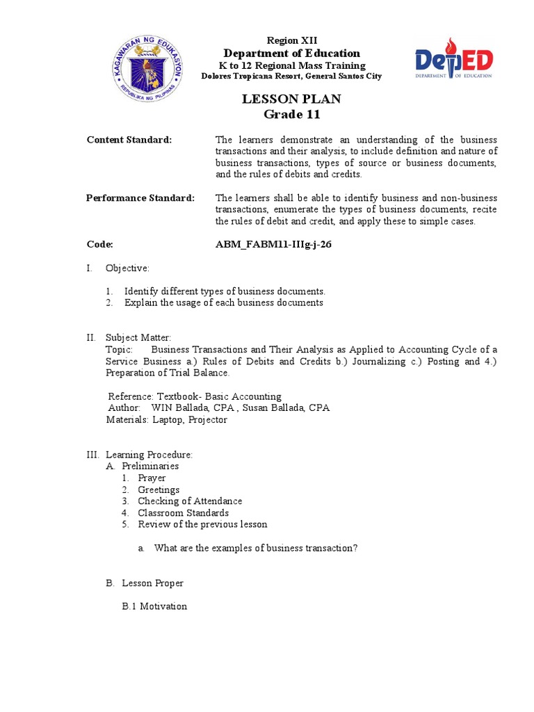 Lesson Plan Grade 11: Department of Education | PDF | Debits And ...