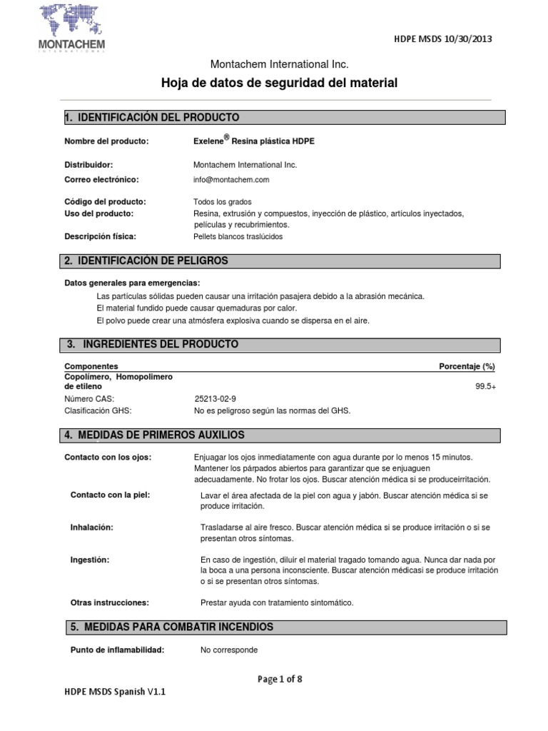 MONTACHEM, MSDS Polietileno Alta Densidad HDPE | PDF | Agua ...