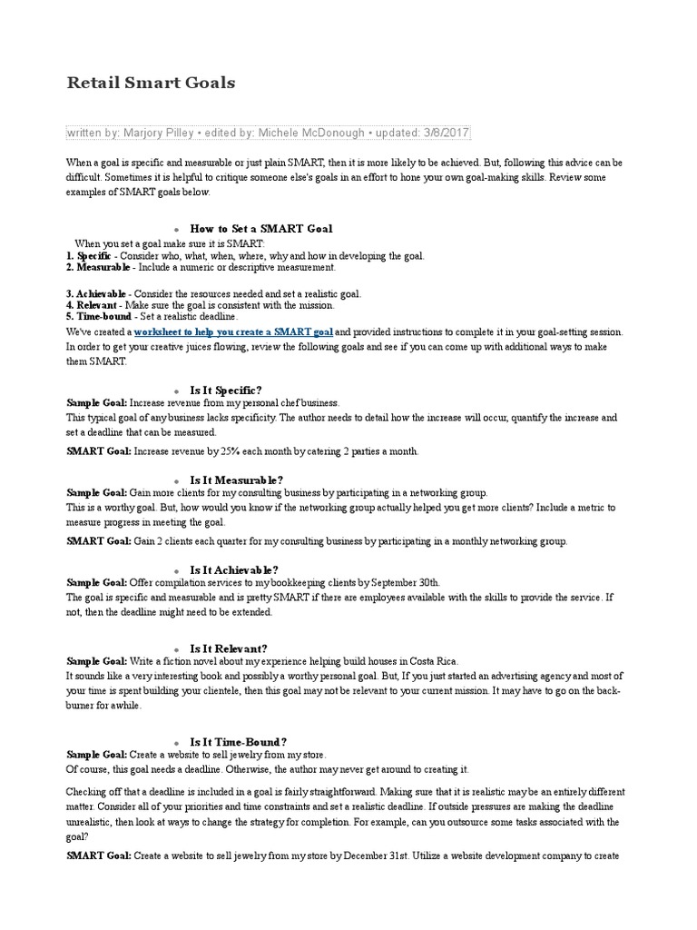 Retail Smart Goals: Written By: Marjory Pilley - Edited By: Michele ...