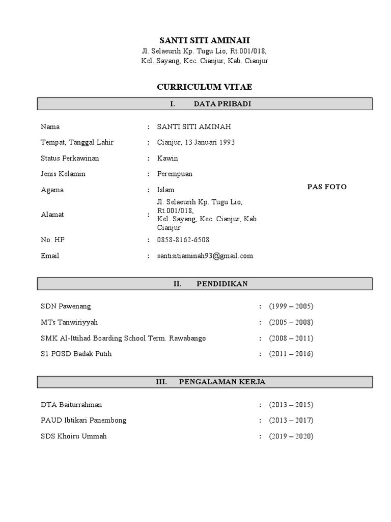 Contoh Format CV Lamaran Kerja Guru SD, SMP, SMA/SMK | PDF