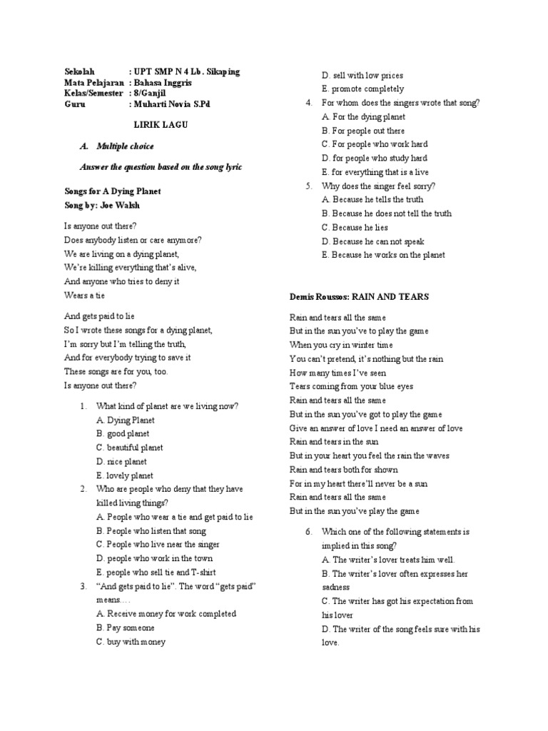A. Multiple Choice Answer The Question Based On The Song Lyric | PDF ...