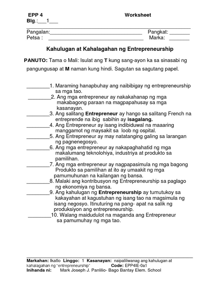 Worksheet 1 Grade 4 EPP 4 | PDF