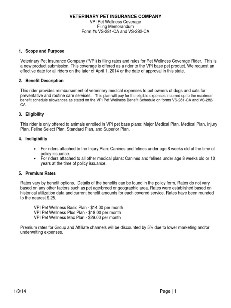 CA - Rider VPI Actuarial Memo Rider 01032014 | PDF | Insurance | Pet