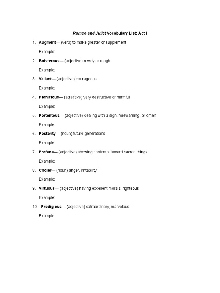 Romeo and Juliet Vocabulary List: Act I | PDF | Grammar | Vocabulary