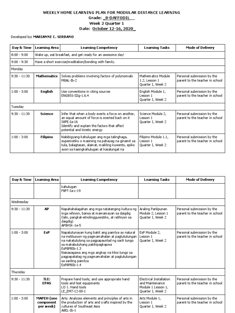 Weekly Home Learning Plan For Modular Distance Learning Grade: - 8 ...