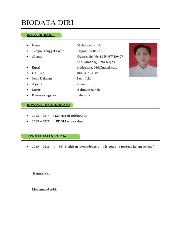 Biodata dan Lamaran Muhammad Sidik | PDF