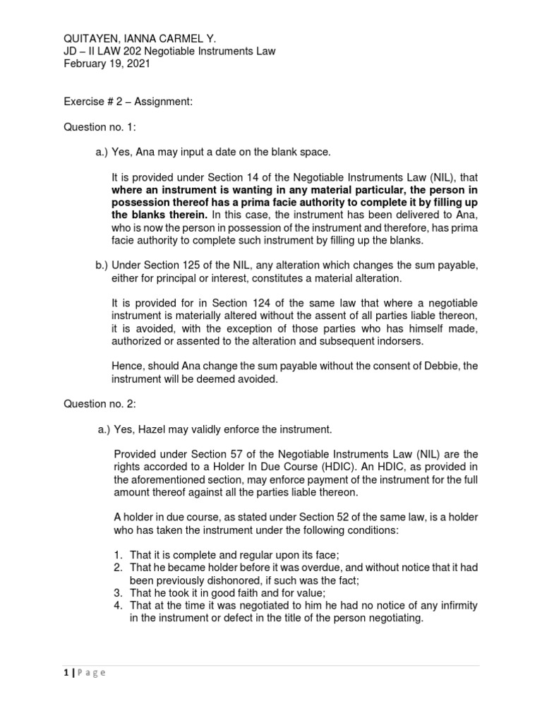 Exercise#2 QUITAYEN Ianna | PDF | Negotiable Instrument | Forgery