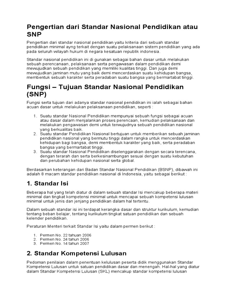 Pengertian Dari Standar Nasional Pendidikan Atau SNP | PDF