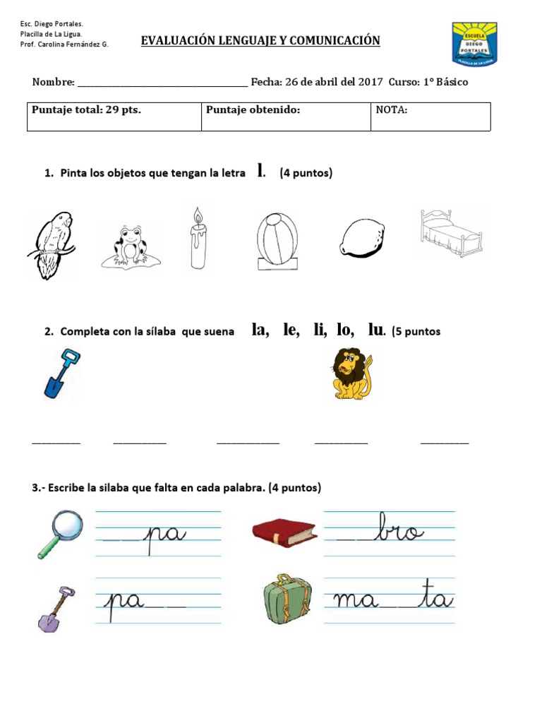 Evaluación de la letra L para 1° Básico | PDF