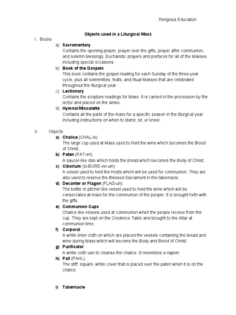 Liturgical Objects Used in Mass | PDF | Eucharist | Mass (Liturgy)