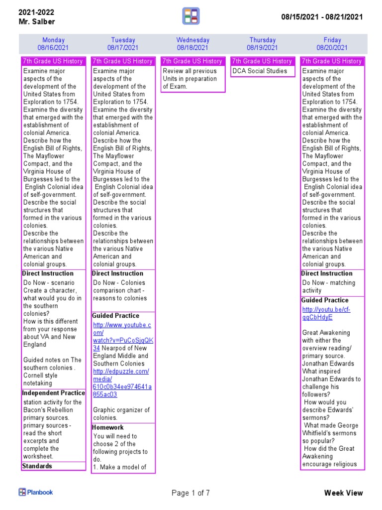 7th Grade US History Lesson Plans Week 4 | PDF