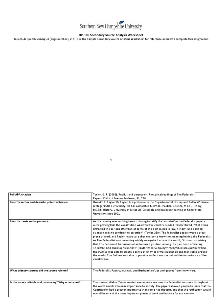 HIS 100 Secondary Source Analysis Worksheet | PDF | The Federalist ...